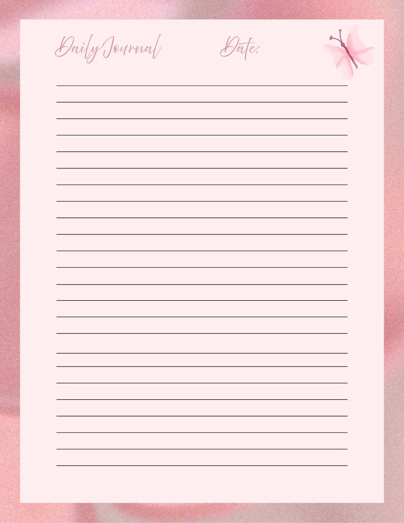 Pink Butterfly Lined Journal | Feminine Writing Template (digital ...