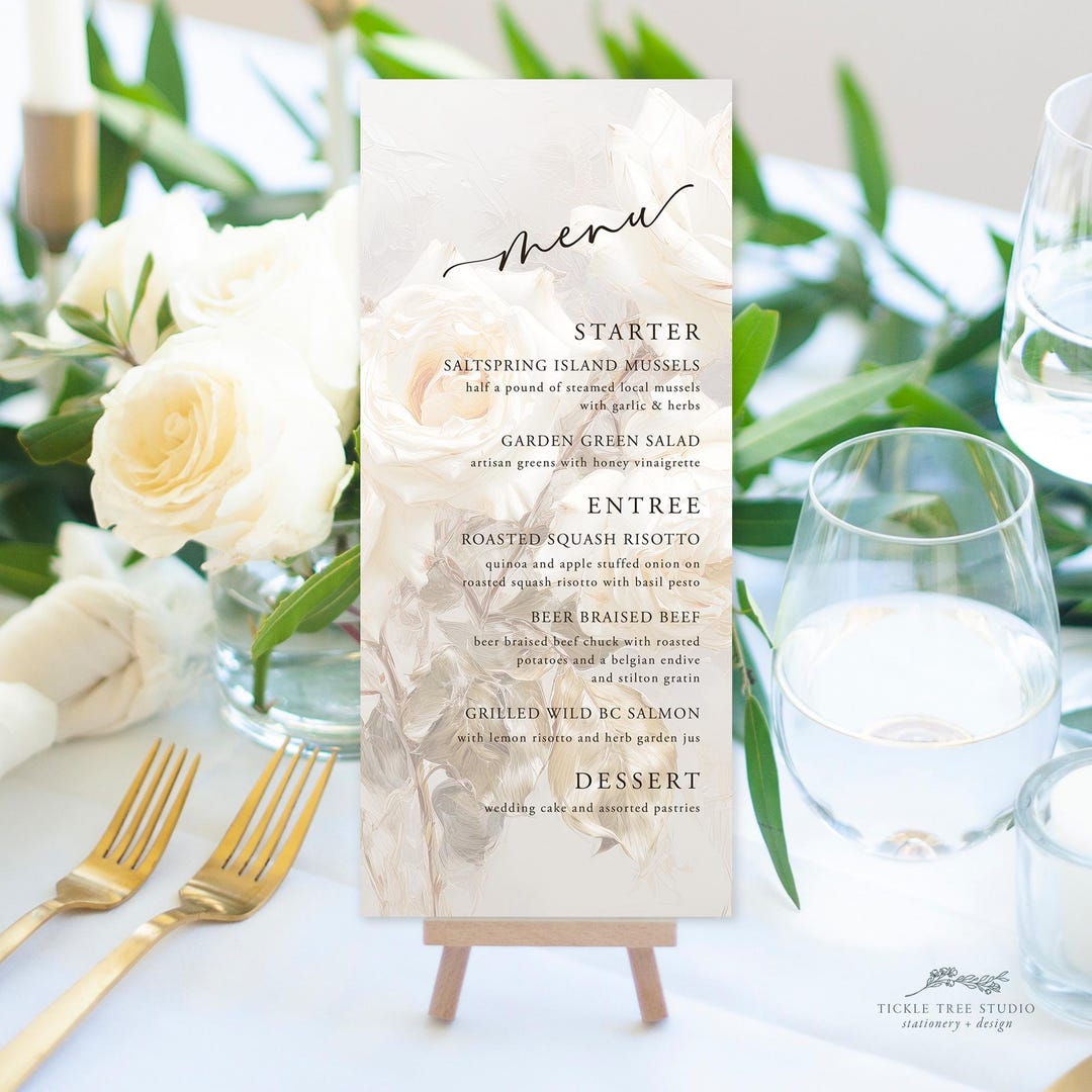 Romantic Floral Wedding Menu Card Elegant Reception Table Menu 4 X 9 ...