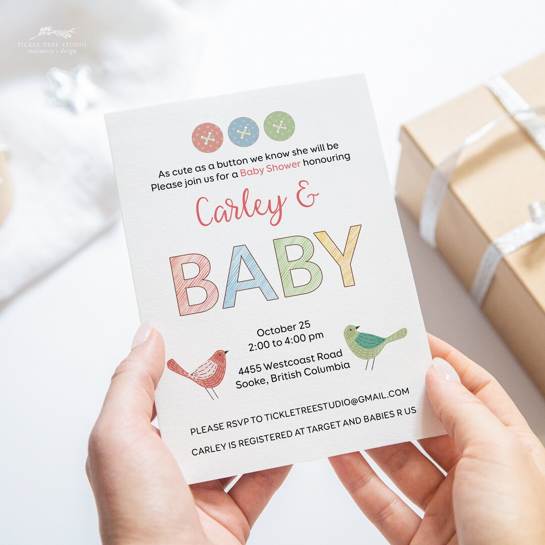 Personalized Printable Baby Shower Invitation Cute as a Button KB032 - Etsy