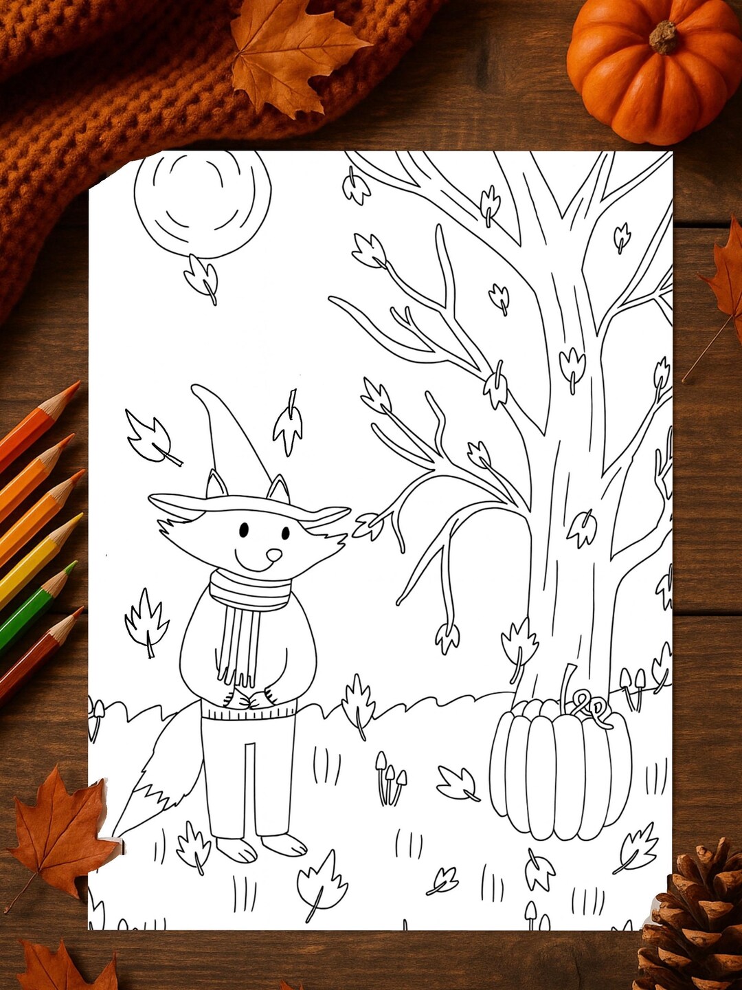 Autumn Fox Coloring Page – PDF Coloring Page – Sweet Halloween Coloring ...