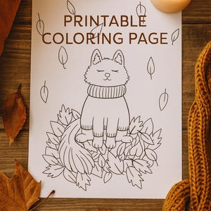 Autumn Cat Coloring Page - Cozy Hygge Printable - Fall Leaves Coloring ...