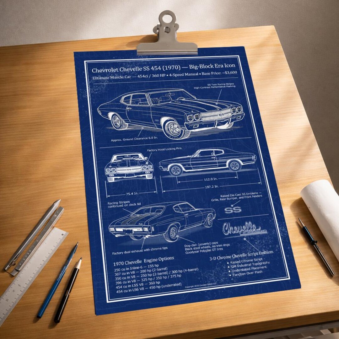 CHEVY 1970 CHEVELLE SS - Retro Blueprint Poster - 3 Sizes - Gallery ...