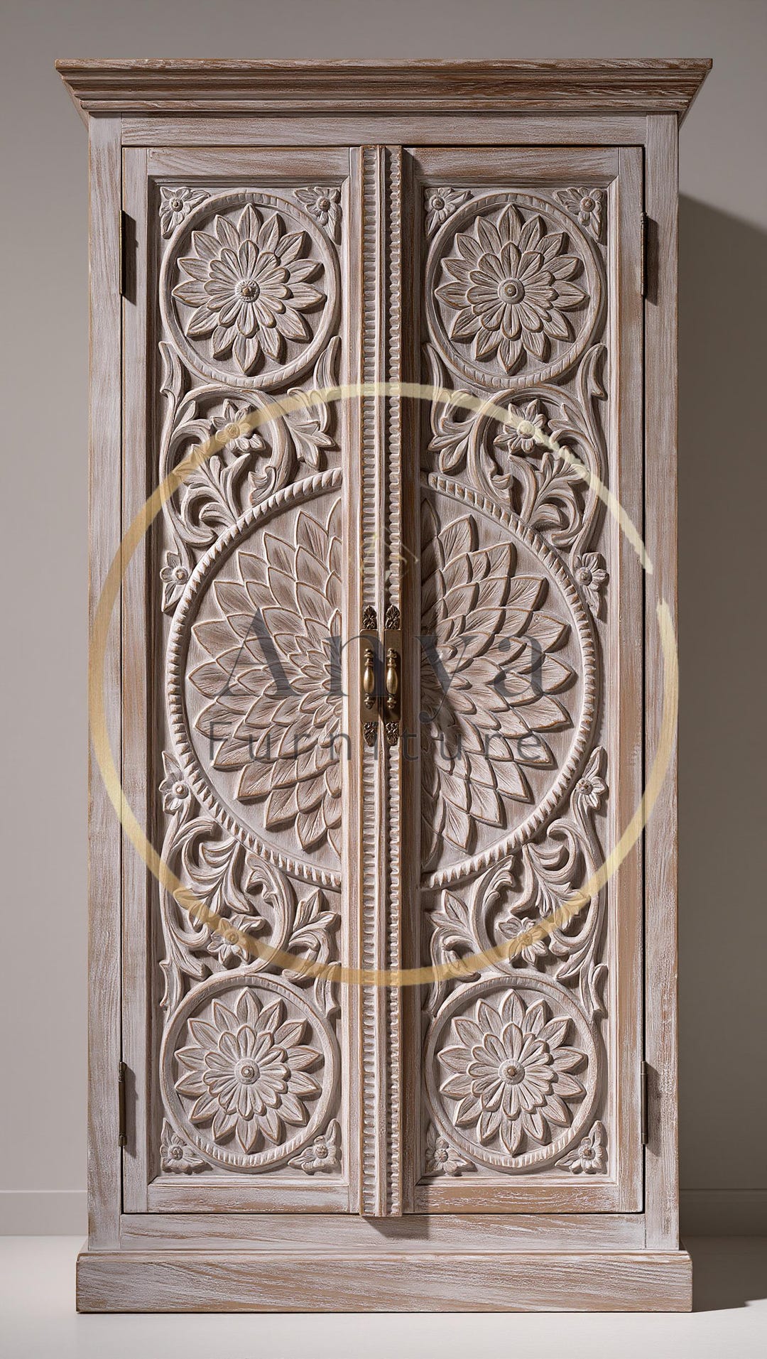 Hand Carved Whitewashed Mandala Armoire | Solid Wood Floral Wardrobe ...