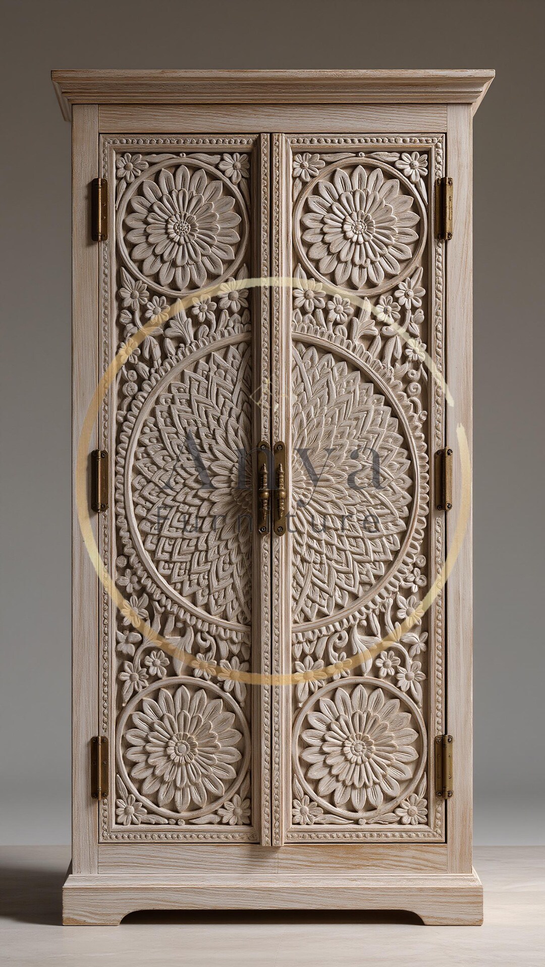 Hand Carved Whitewashed Mandala Armoire | Solid Wood Floral Wardrobe ...