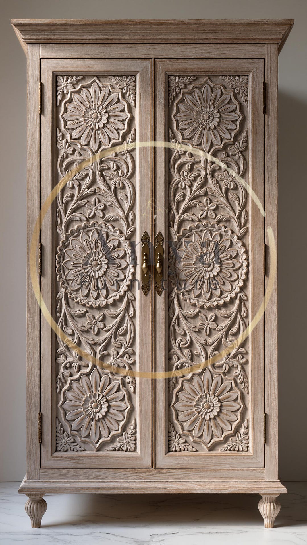 Hand Carved Whitewashed Floral Armoire | Solid Wood Wardrobe Cabinet ...