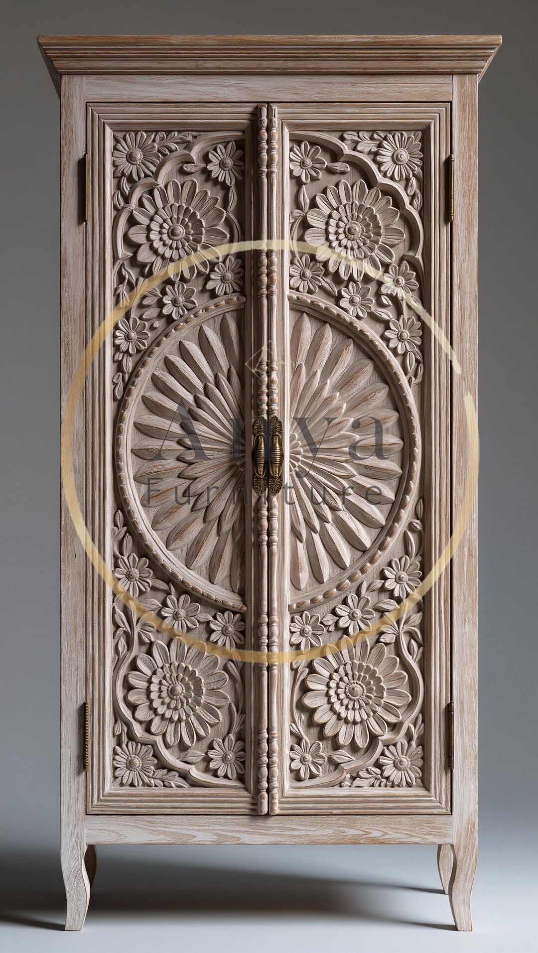 Hand Carved Whitewashed Mandala Armoire | Solid Wood Floral Wardrobe ...