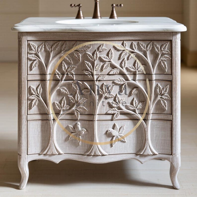 Hand Carved Tree of Life Bathroom Vanity – Bird Design Wooden Drawer ...