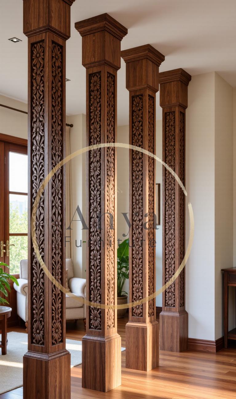 Hand Carved Wooden Columns Set of 4 | Solid Wood Floral Carved Pillars ...
