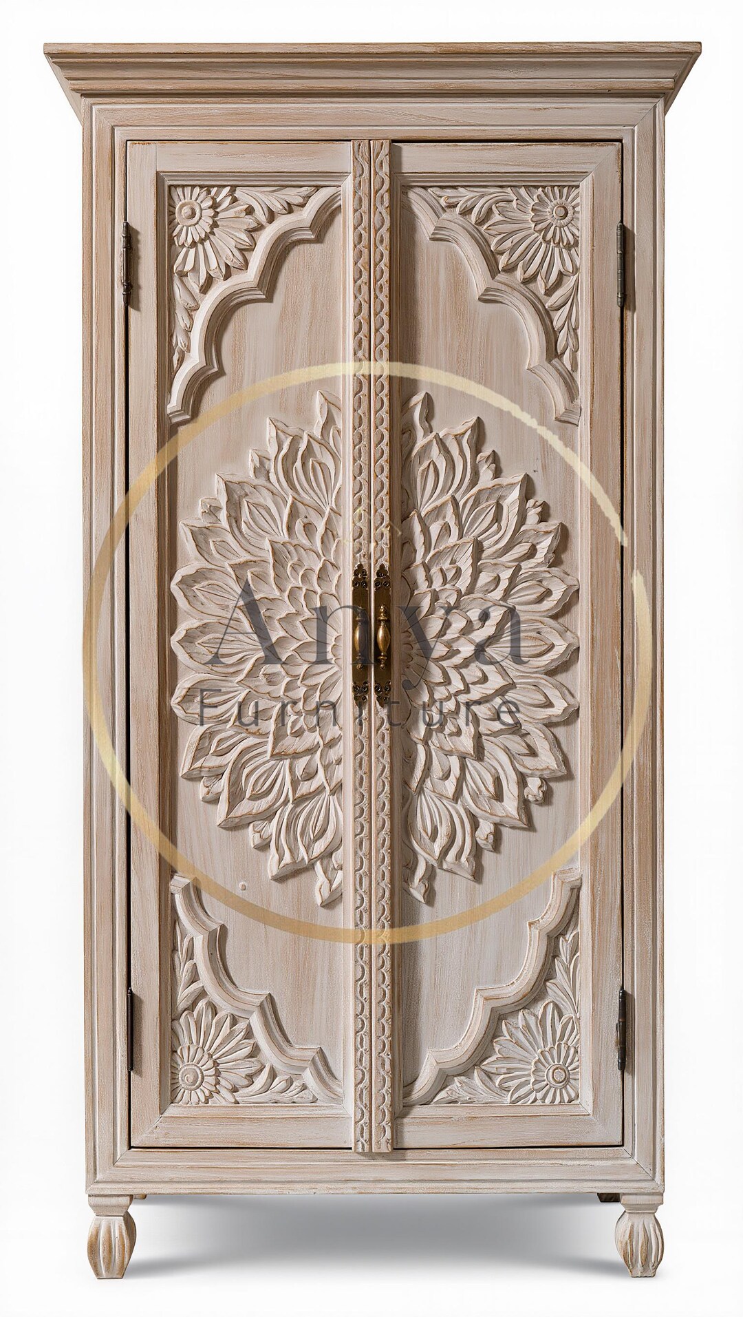 Hand Carved Floral Mandala Armoire | Solid Wood Whitewashed Wardrobe ...