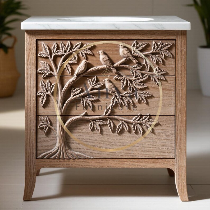 Hand Carved Tree of Life Bathroom Vanity With Birds – Solid Wood Single ...