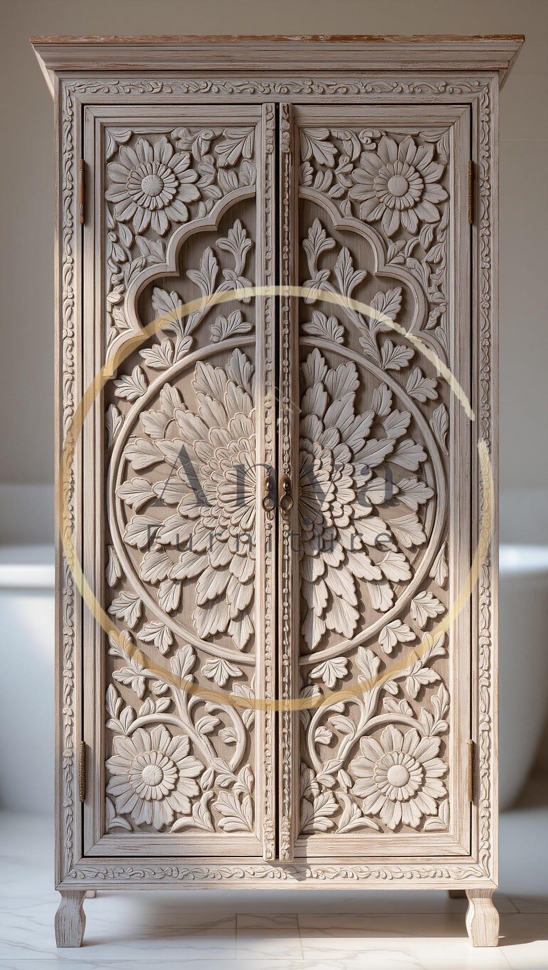 Hand Carved Whitewashed Floral Mandala Armoire | Solid Wood Wardrobe ...