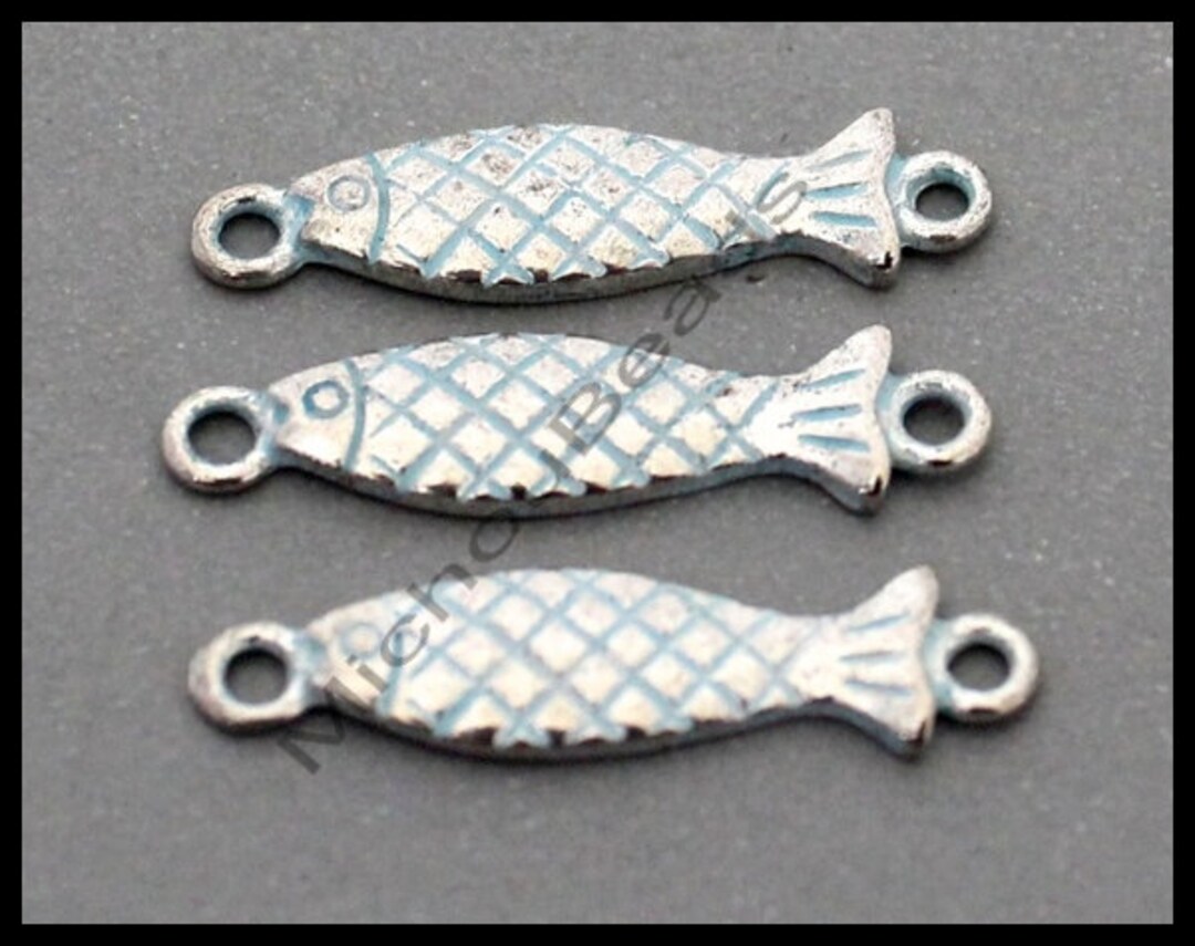 5 FISH Connector Link Charms 22mm Silver Blue Painted Marine Ocean Sea ...