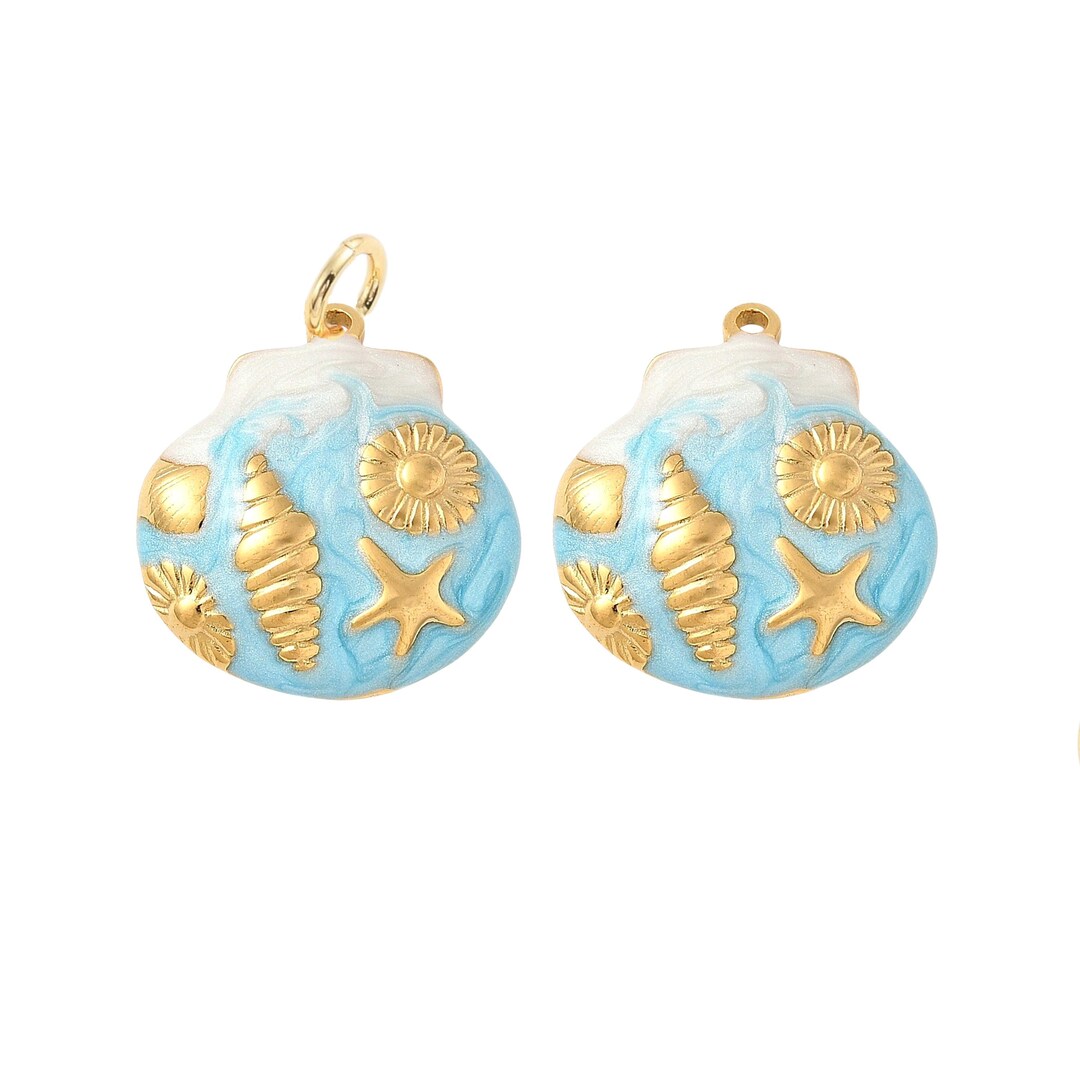 Enamel Sea SHELL Charm Pendant . 18K Gold 304 Stainless Steel Aqua Blue ...