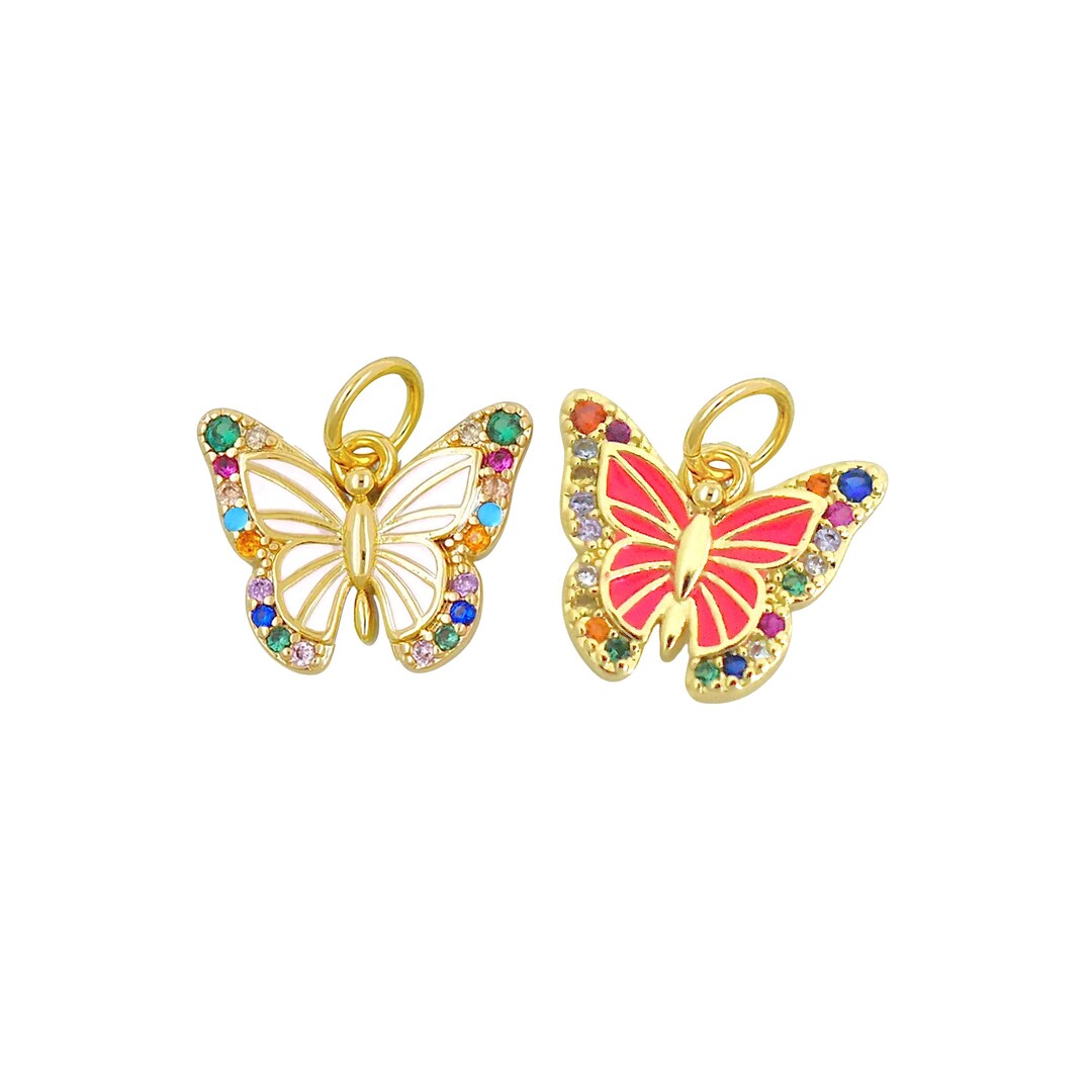 Mini BUTTERFLY Charms 18K Gold Filled Brass Enamel White or Pink Cubic ...