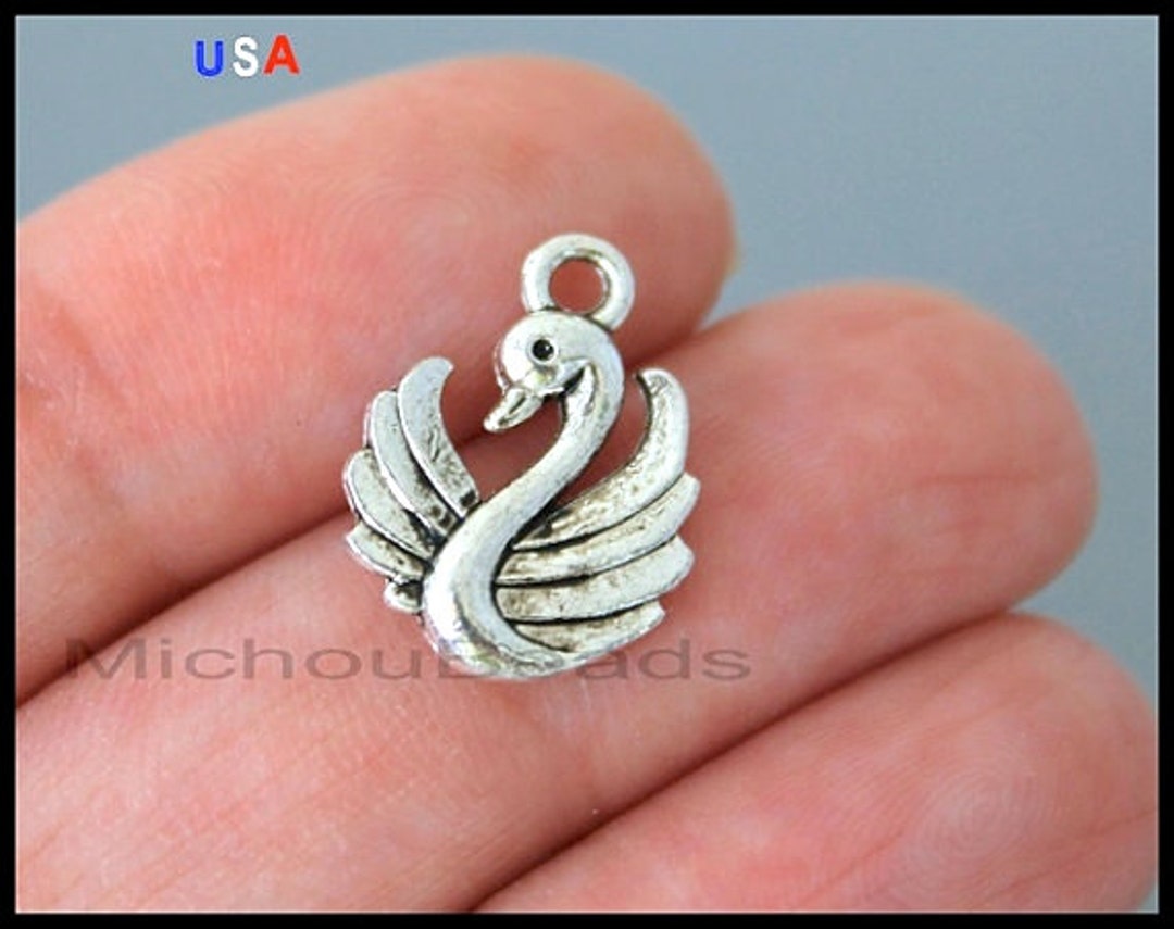 5 Silver SWAN Charm Dangles 17mm Double Sided Bird Duck Swan Lake Beach ...