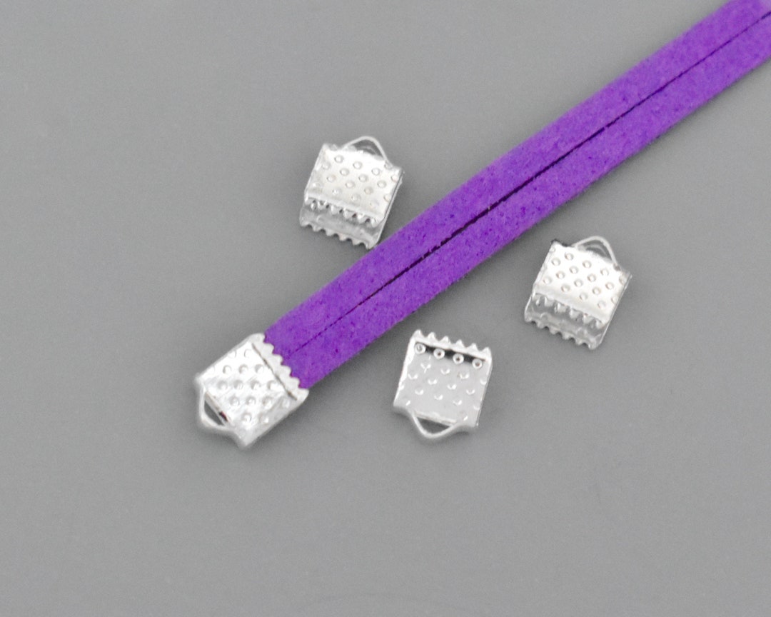 100 SILVER 6mm CRIMPS 6x7mm Rectangle Textured Bail Cord Ends Square ...
