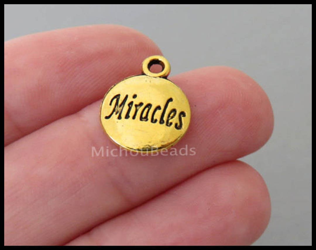 25 Gold MIRACLES Charm Dangle 15mm Round Miracle Faith Religion Word ...