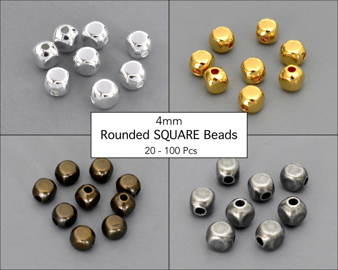 4mm Rounded SQUARE Beads - 4x3mm W/ 1mm Hole Silver Gold Antique Bronze ...
