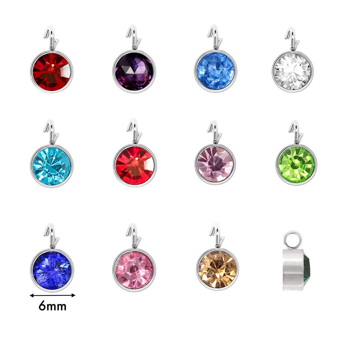 BIRTHSTONE Charms Stainless STEEL Round Faceted Rhinestone Birthstones ...