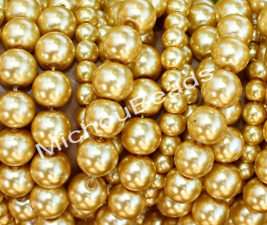16 Strand 10mm LIGHT Golden Round PEARL Glass Beads Opaque Pearlised ...