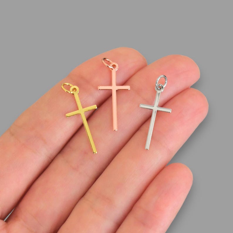 Elongated CROSS Charm 18K Gold Filled Platinum Rose 23.5mm Hanging Thin ...