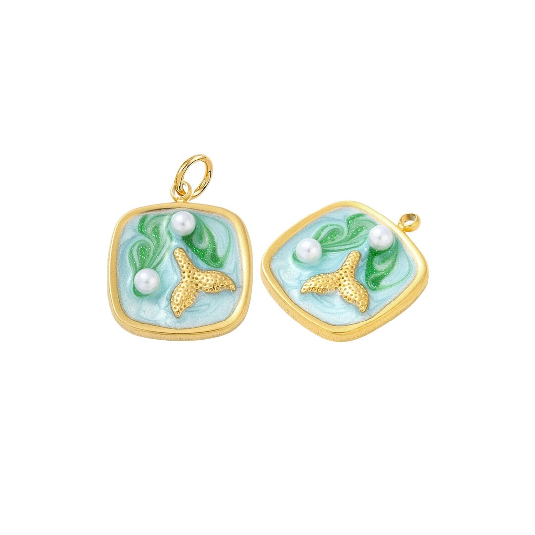 Enamel FISHTAIL Pearl Charm Pendant . Gold 304 Stainless Steel Green ...