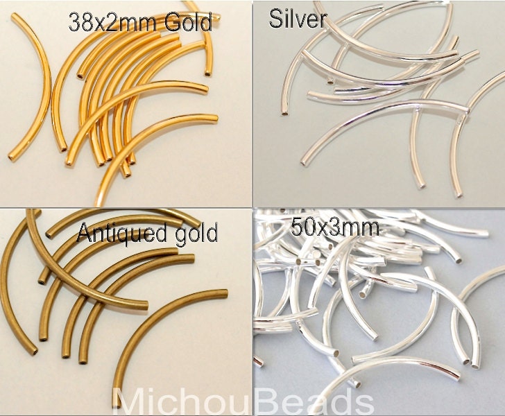 5 ANTIQUED Gold 38mm Curved TUBE Beads - 38x2mm Plated Brass Metal ...