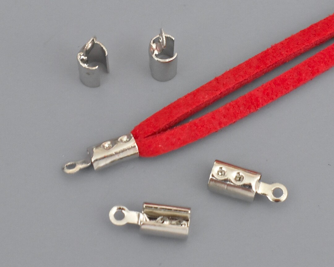 26 LARGE 12mm FOLD Tube Cord Tip Crimp W/ Loop Silver Tone Caps Crimps ...