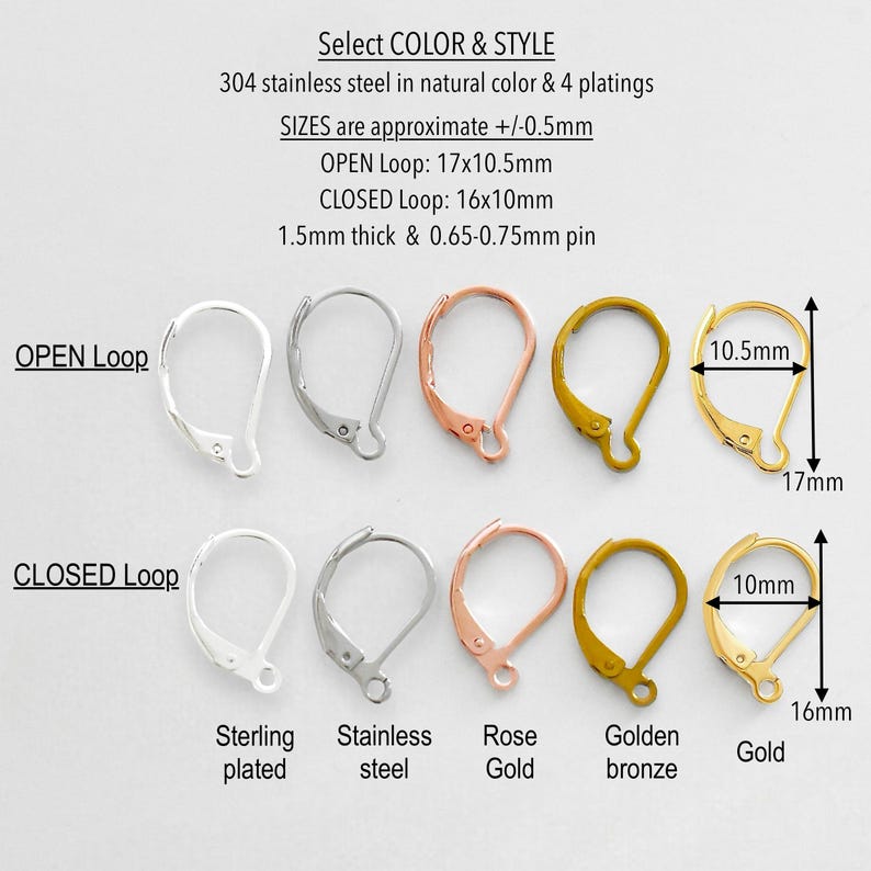 Leverback Huggie Earring Findings Open Closed Loop 24K Gold Rose ...