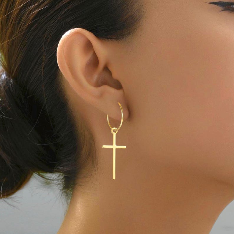 Elongated CROSS Charm 18K Gold Filled Platinum Rose 23.5mm Hanging Thin ...