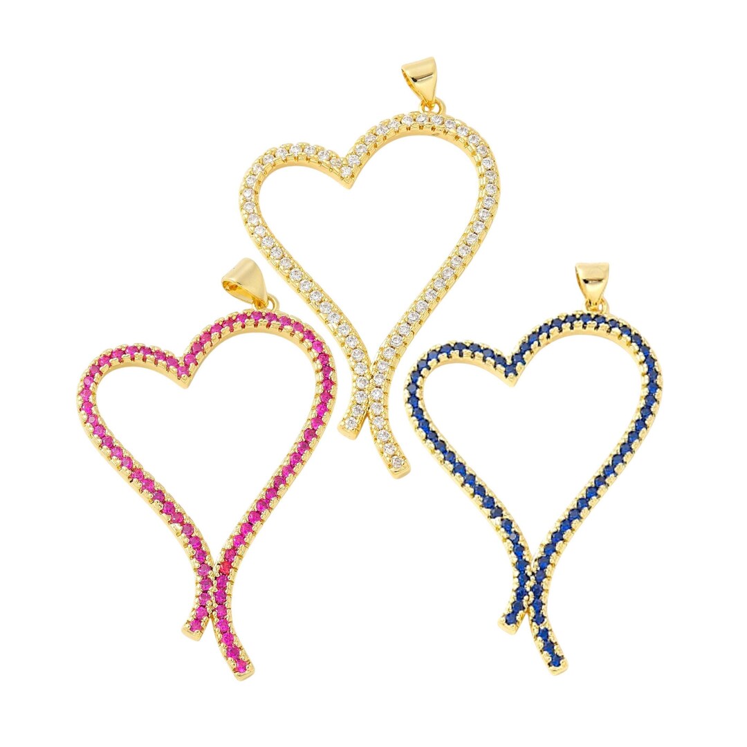 Large HEART Pendant 18K Gold Filled Colorful Red Blue or Clear Cubic ...
