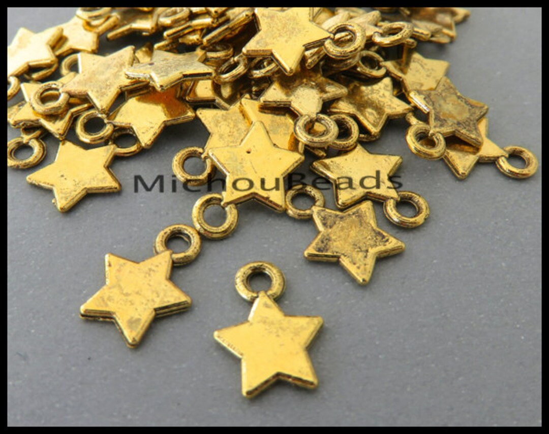 5 Antiqued Gold STAR Charms - 10mm Double Sided Tiny Star Constellation ...