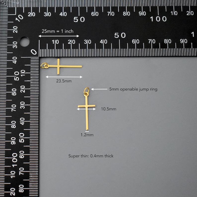 Elongated CROSS Charm 18K Gold Filled Platinum Rose 23.5mm Hanging Thin ...