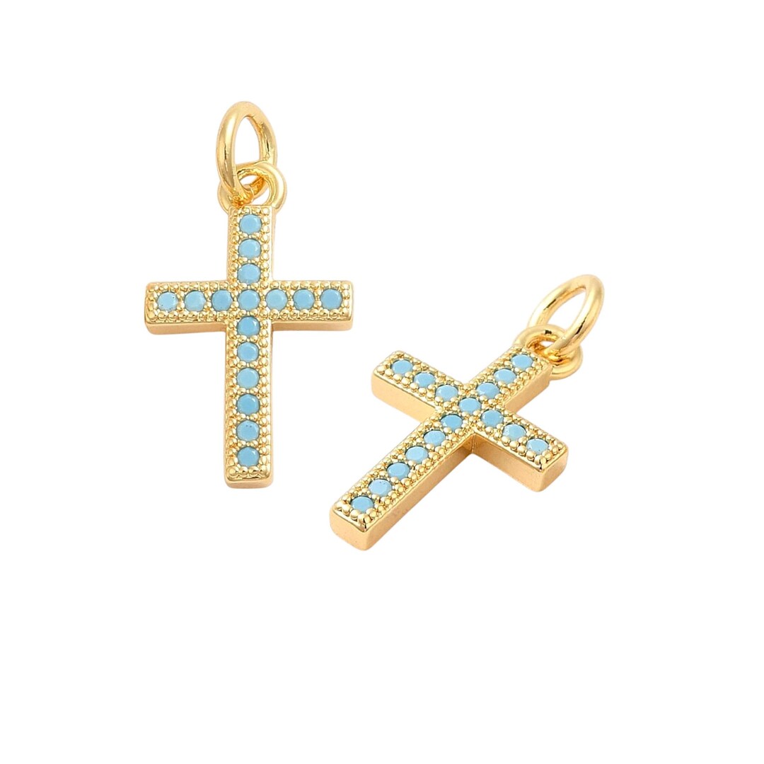 Mini CROSS Charm 18K Gold Filled With Aqua Turquoise Micro Pave Cubic ...