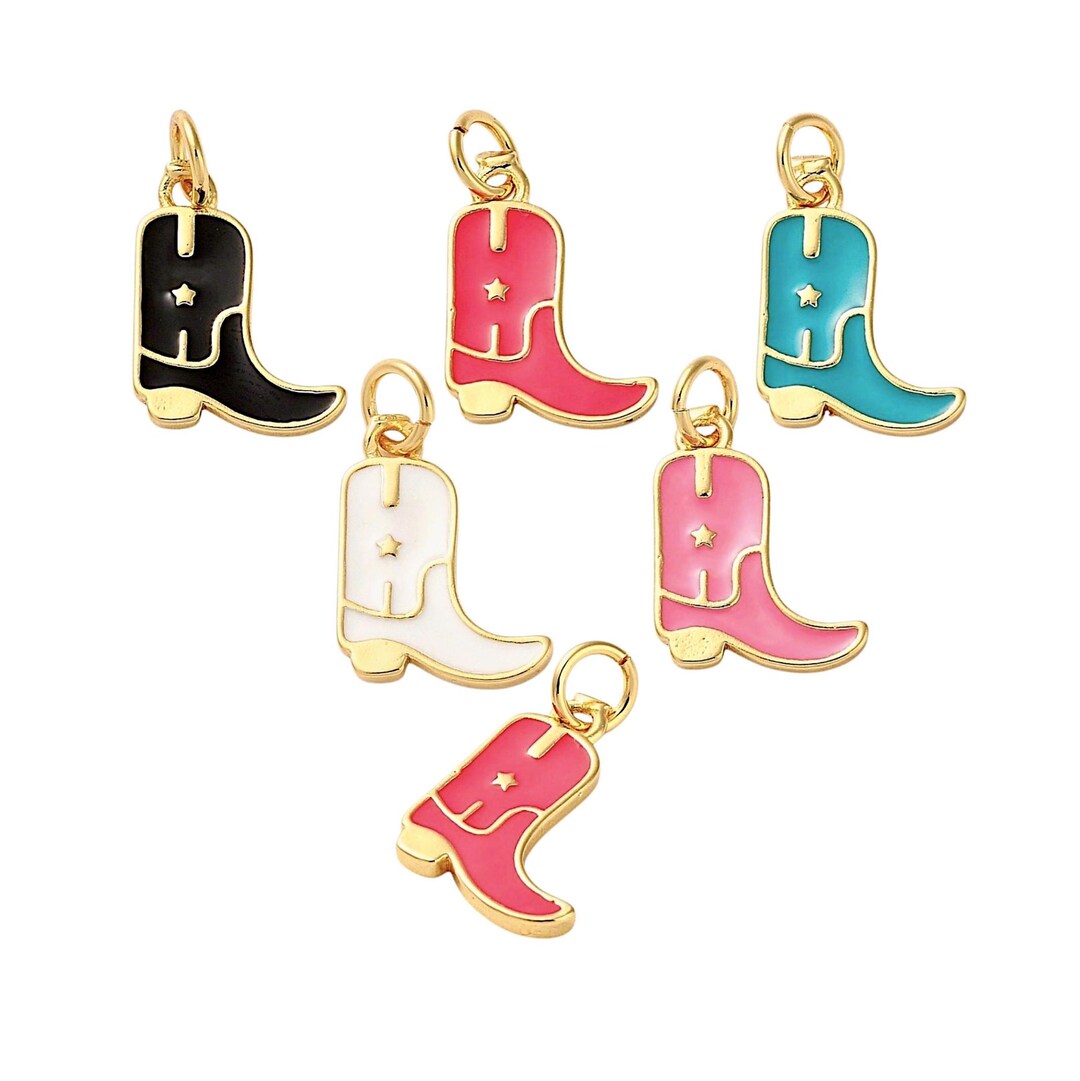 18K Gold Enamel Cowboy BOOT Charm . 14mm Black Pink Blue or White Boots ...