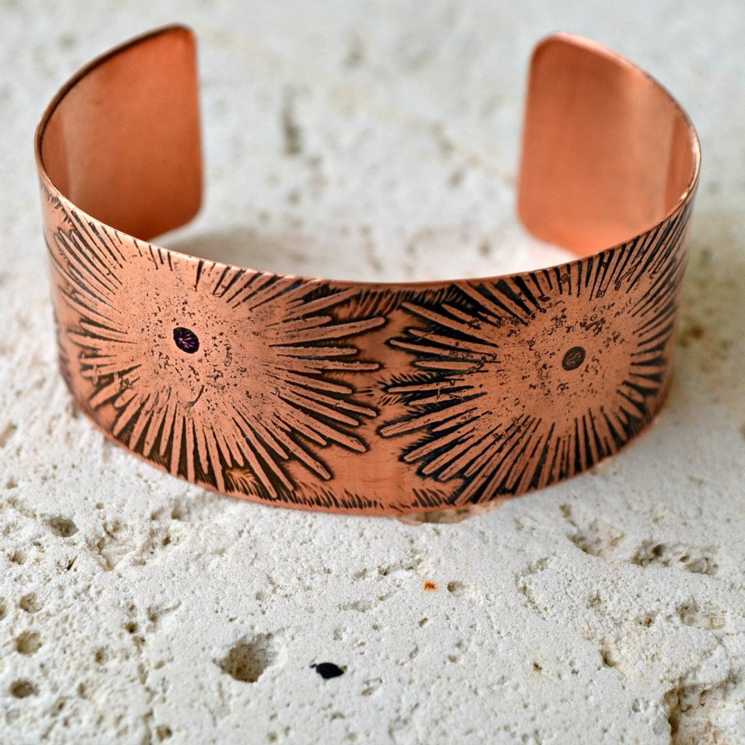 Etched Copper Cuff Bracelet. Dandelion Patterned Bracelet. Size Small ...
