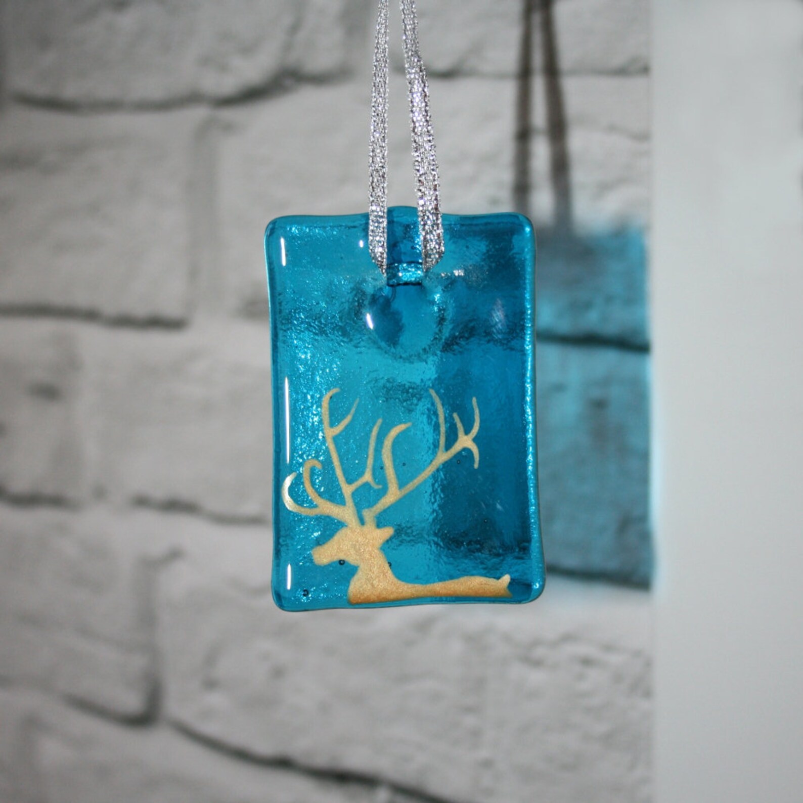Blue & Gold Hand Painted Fused Glass Stag Christmas Ornament Side View ...