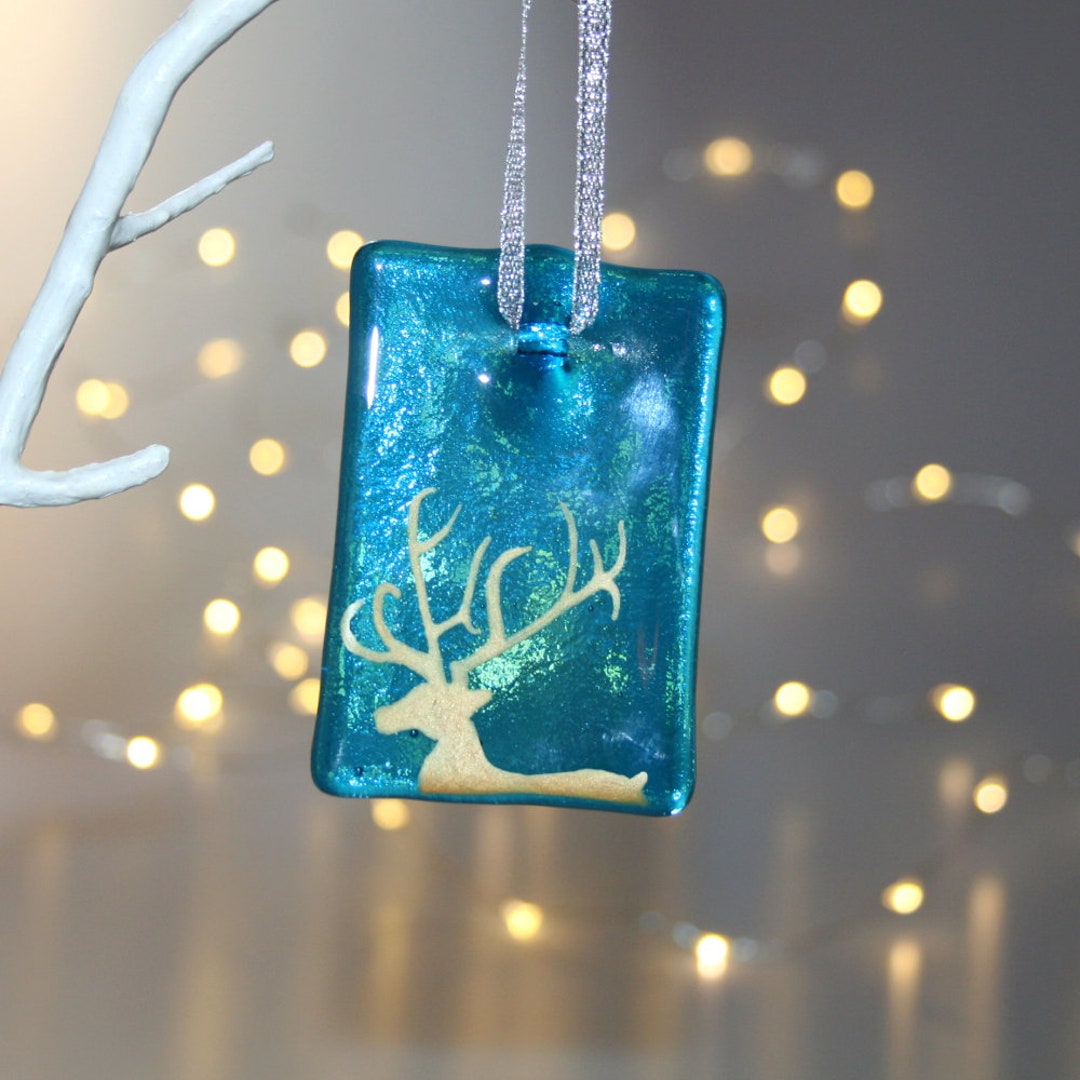 Blue & Gold Hand Painted Fused Glass Stag Christmas Ornament Side View ...