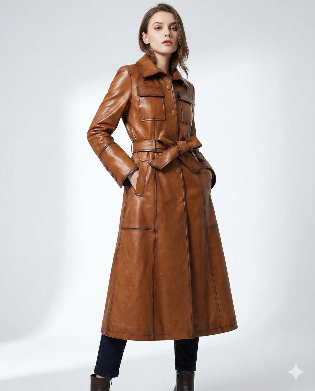 Women's Long Brown Leather Trench Coat | Vintage Belted Duster Jacket ...