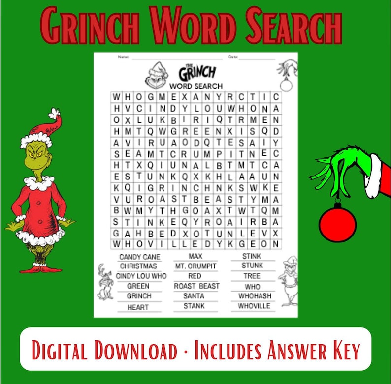 Grinch Wordsearch - Printable Christmas Activity - Etsy