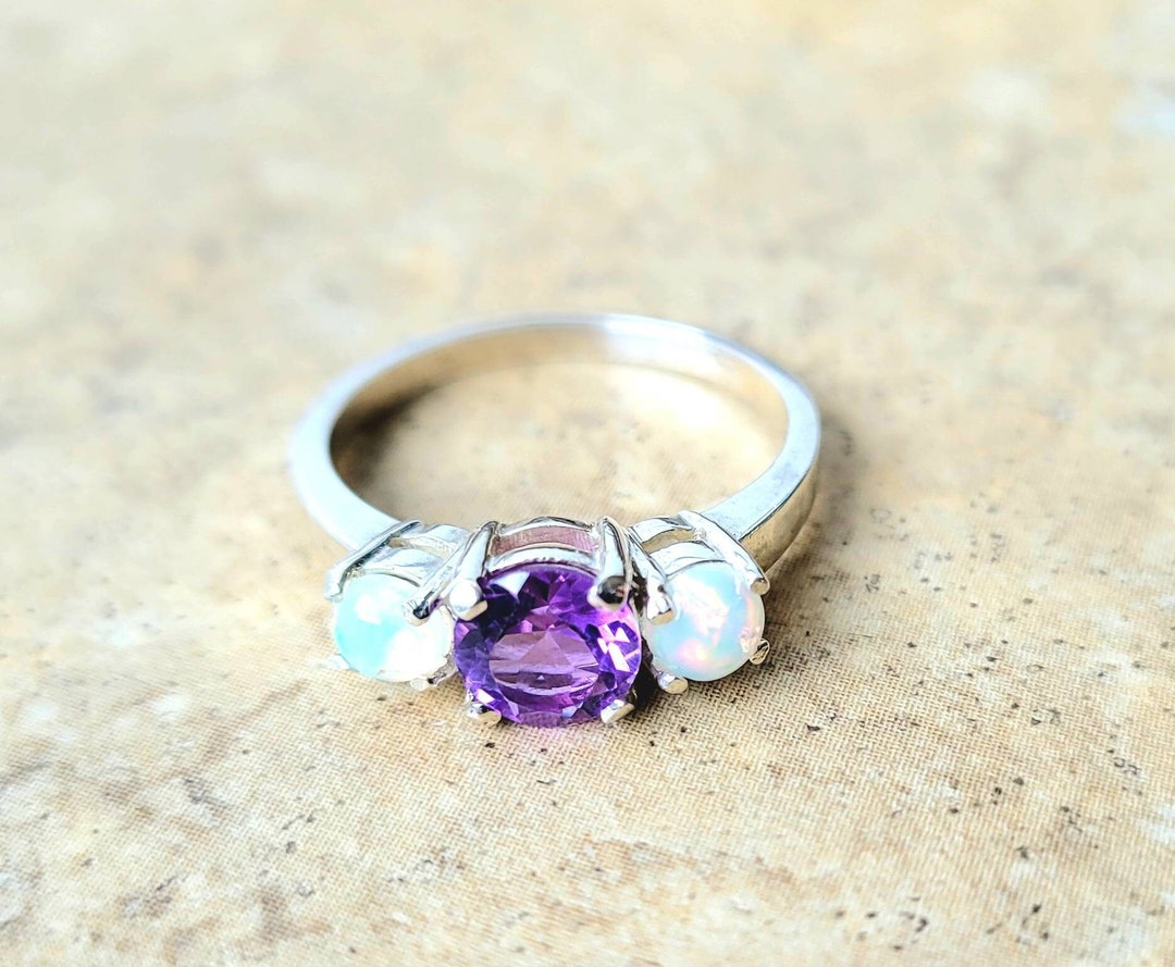 Amethyst and Opal Ring - 3 Stone Genuine Amethyst and Opal Ring in ...