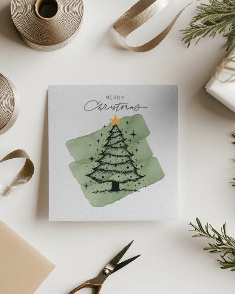 Printable Christmas Card Watercolor Tree Holiday Greeting Instant ...