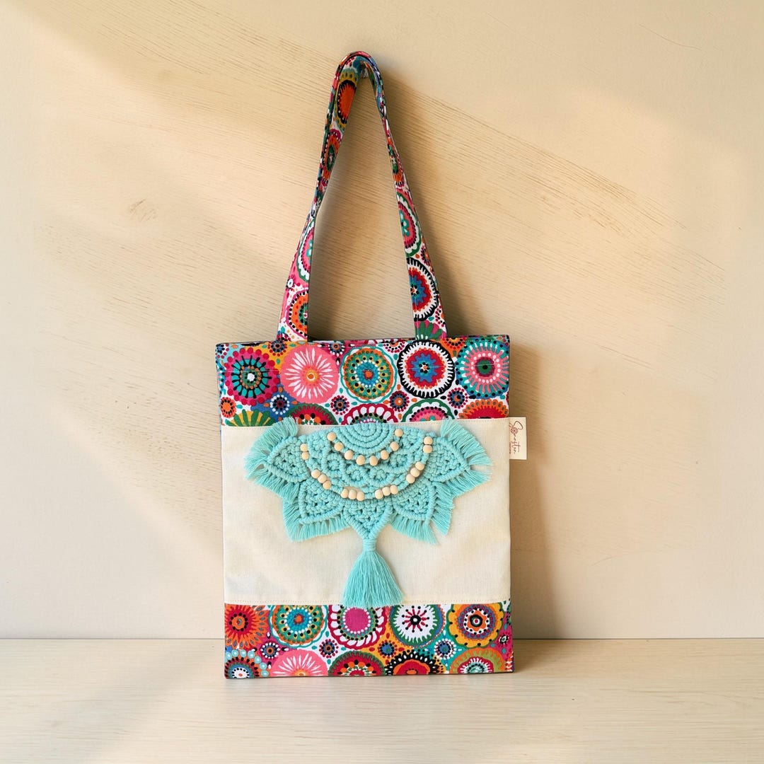 Boho Macrame Cotton Tote Bag: Colorful Shoulder, Beach, Market Shopper ...