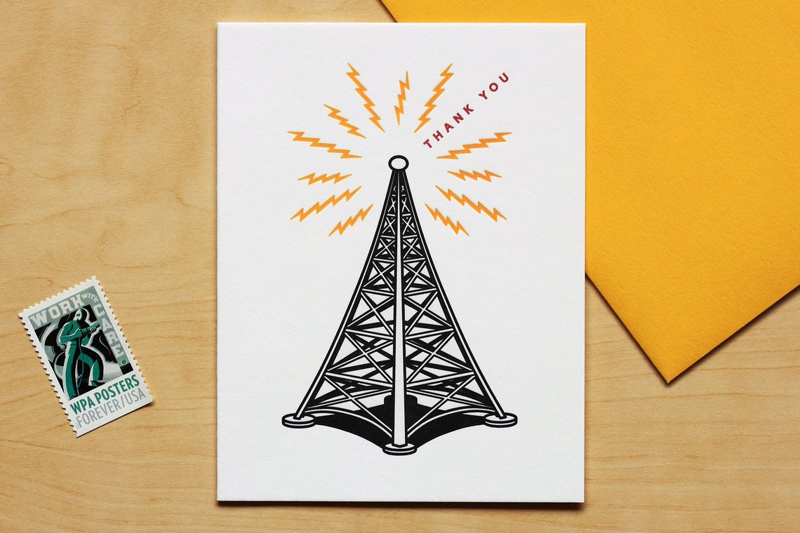 Radio Tower thank You Hand-printed Letterpress | Etsy