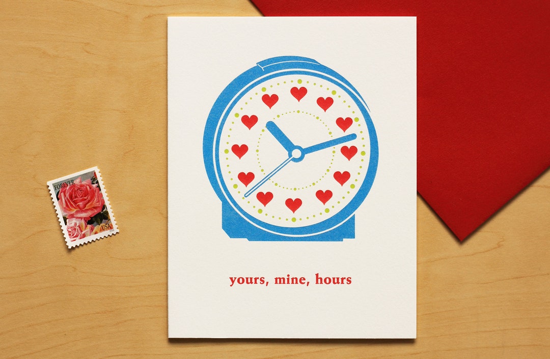 Time for Love / Clock With Hearts Hand-printed Letterpress Card for ...