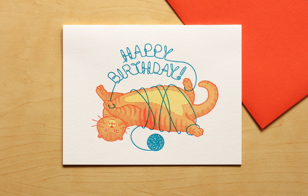 Cat With Yarn Happy Birthday Hand-printed Letterpress Card - Etsy