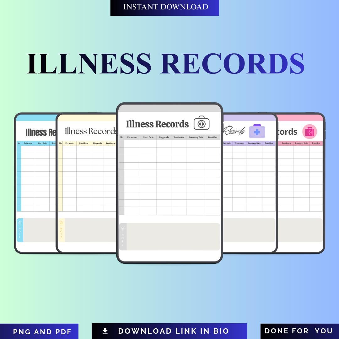 Pet Illness Records Printable PDF PNG | Dog & Cat Health Log | Pet ...