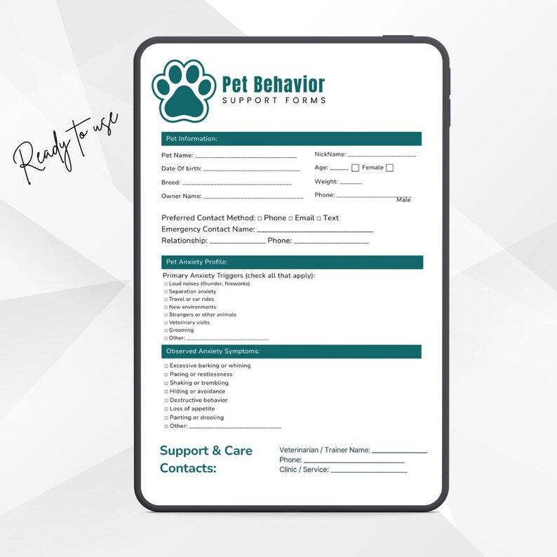 Pet Behavior Support Forms Printable PDF PNG | Dog & Cat Training Log ...
