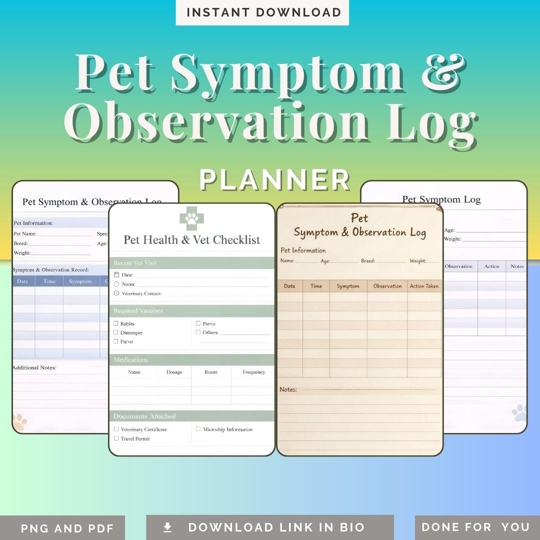 Pet Symptom & Observation Log Printable | Pet Health Tracker | Animal ...