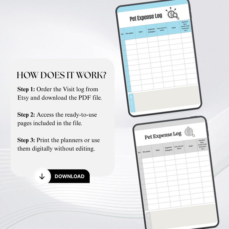 Pet Expense Log Printable PDF PNG | Dog & Cat Budget Tracker | Pet Care ...